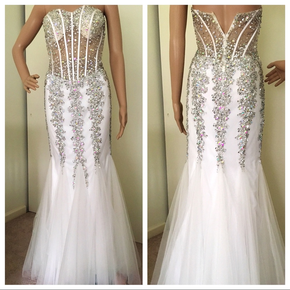 White Jovani Prom Pageant Dress Formal Gown 2 - Gem